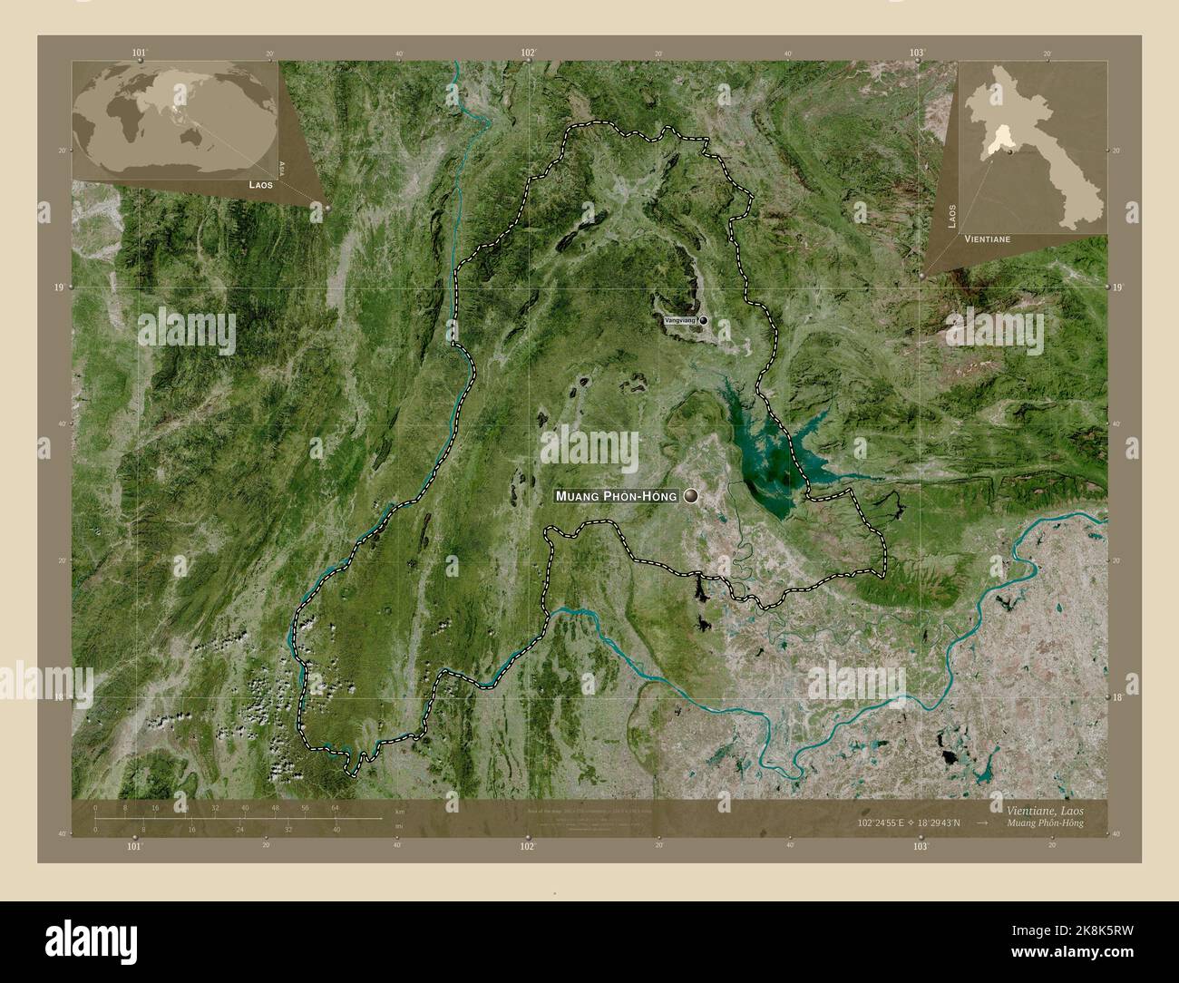 Vientiane, province of Laos. High resolution satellite map. Locations ...