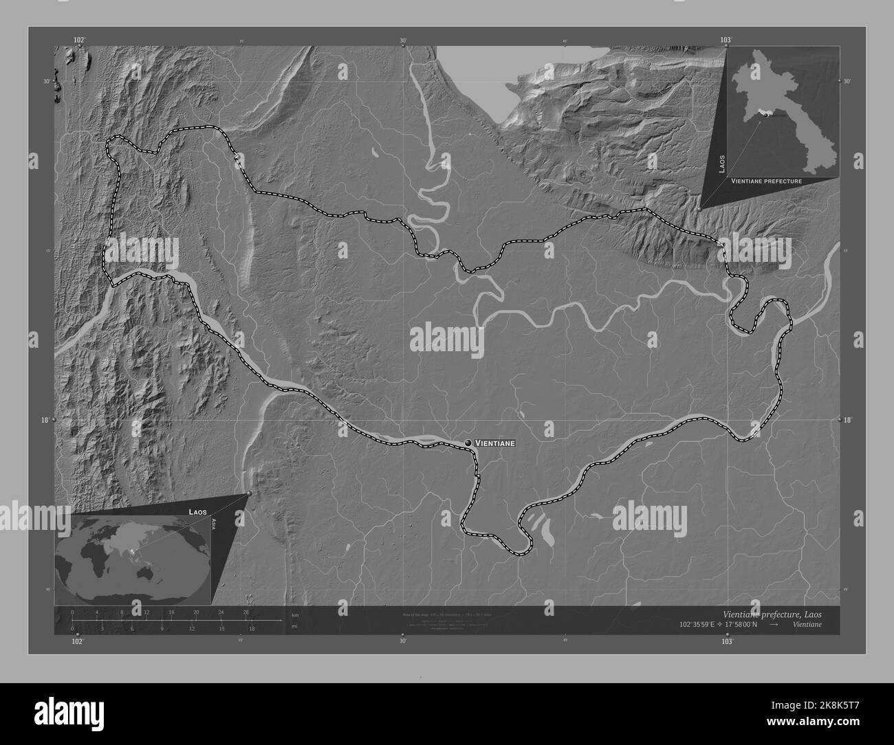 Vientiane prefecture, prefecture of Laos. Bilevel elevation map with ...