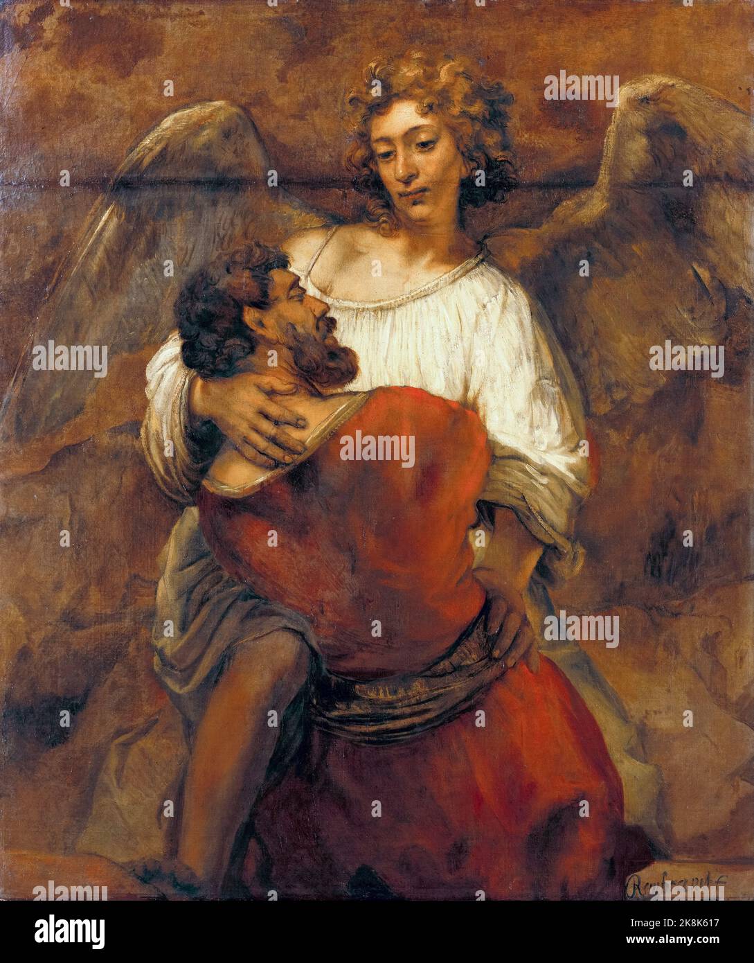 Jacob wrestling with the Angel, painting in oil on canvas by Rembrandt ...