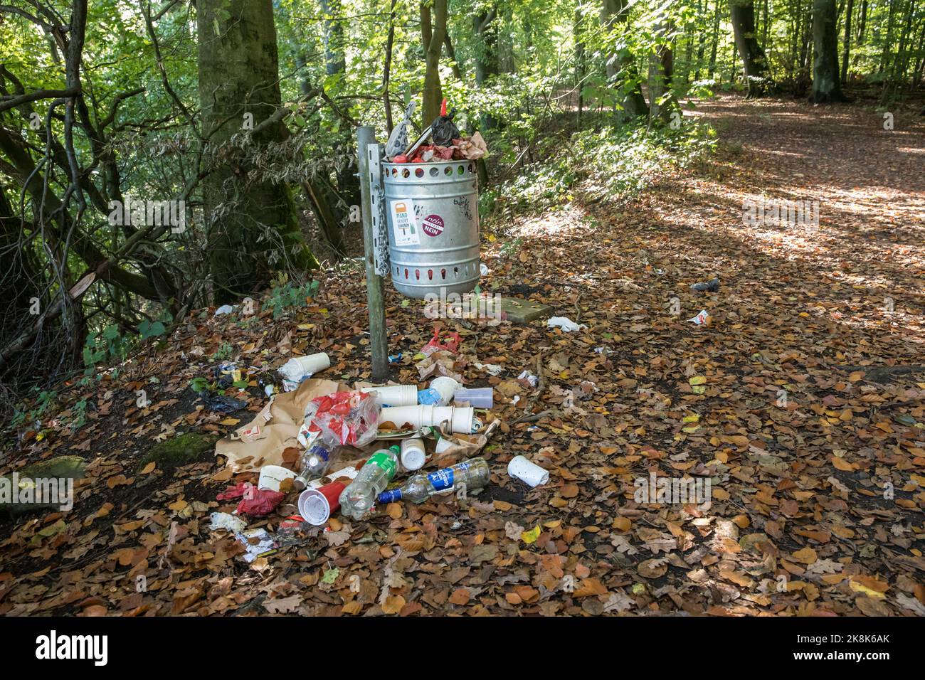 litter on an overflowing trash can in the forest at the Ruhrhoehenweg ...