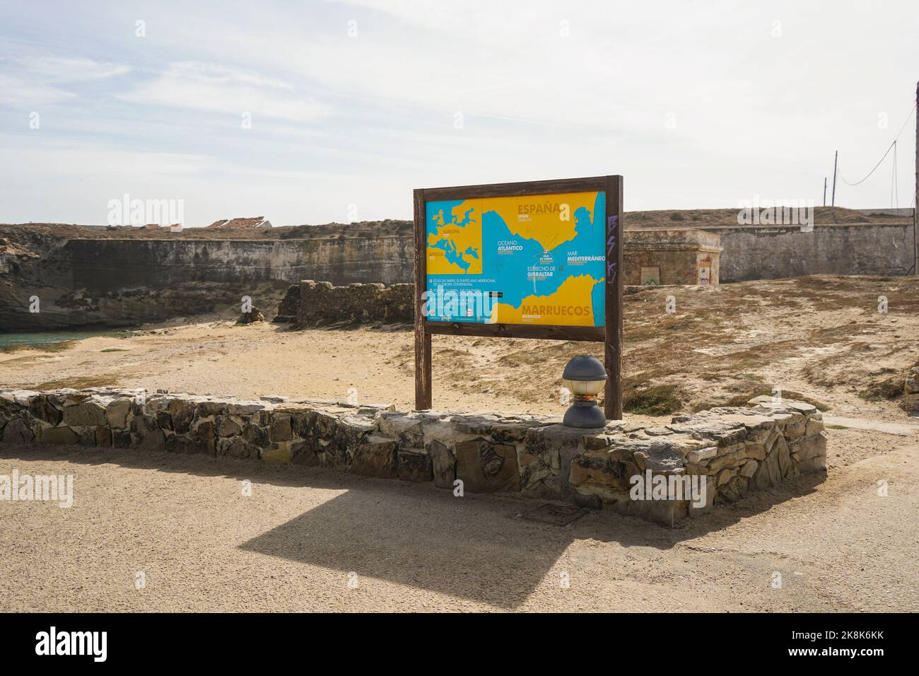 Road sign with map, Tarifa Spain. Isla de Las Palomas. Most southern ...