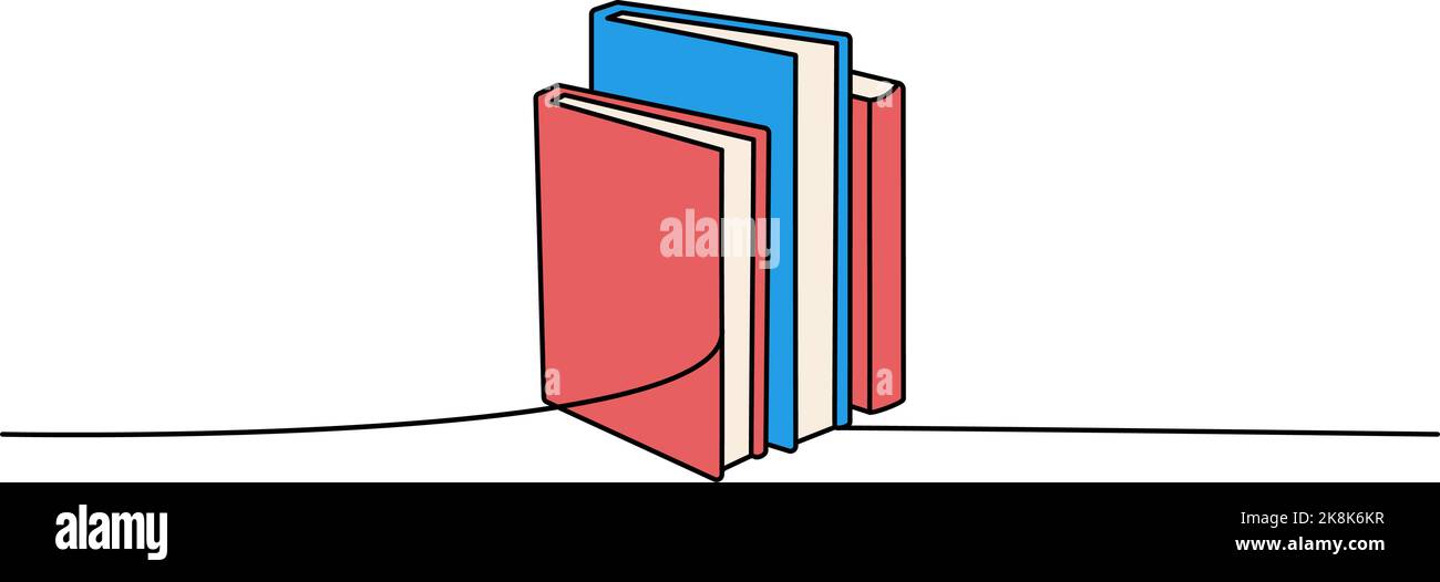 Stack of books one line colored continuous drawing. Bookstore, library ...