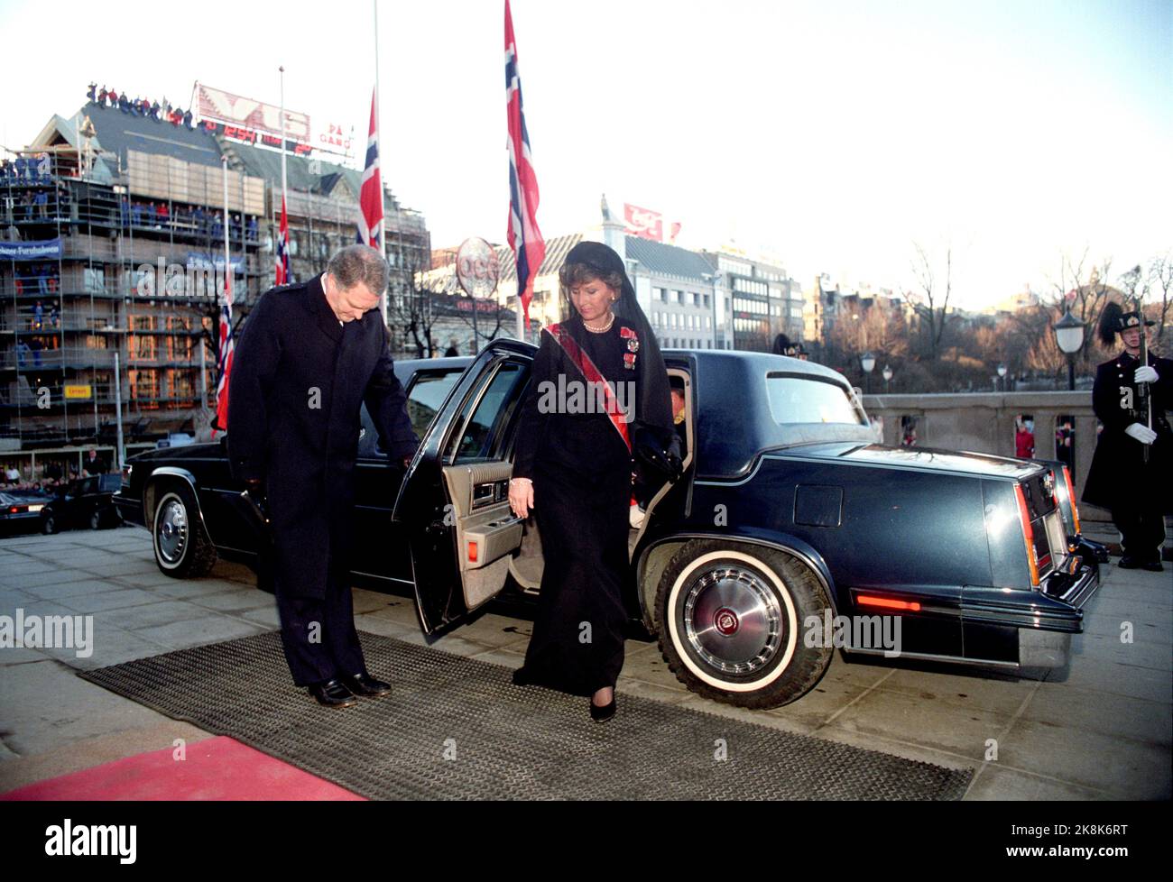 Oslo 19910121. Queen Sonja and King Harald arrive for oaths in the Storting after King Olav's ...