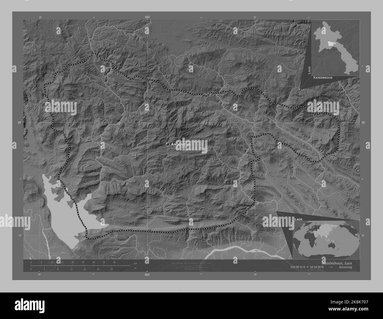 Xaisomboun, special region of Laos. Grayscale elevation map with lakes ...