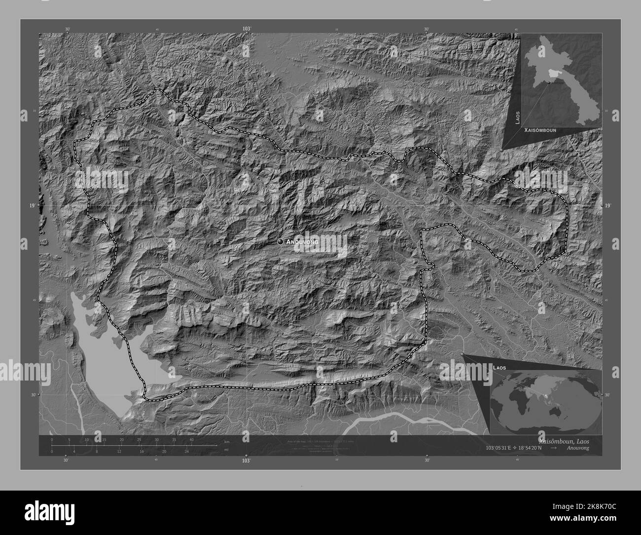 Xaisomboun, special region of Laos. Bilevel elevation map with lakes ...