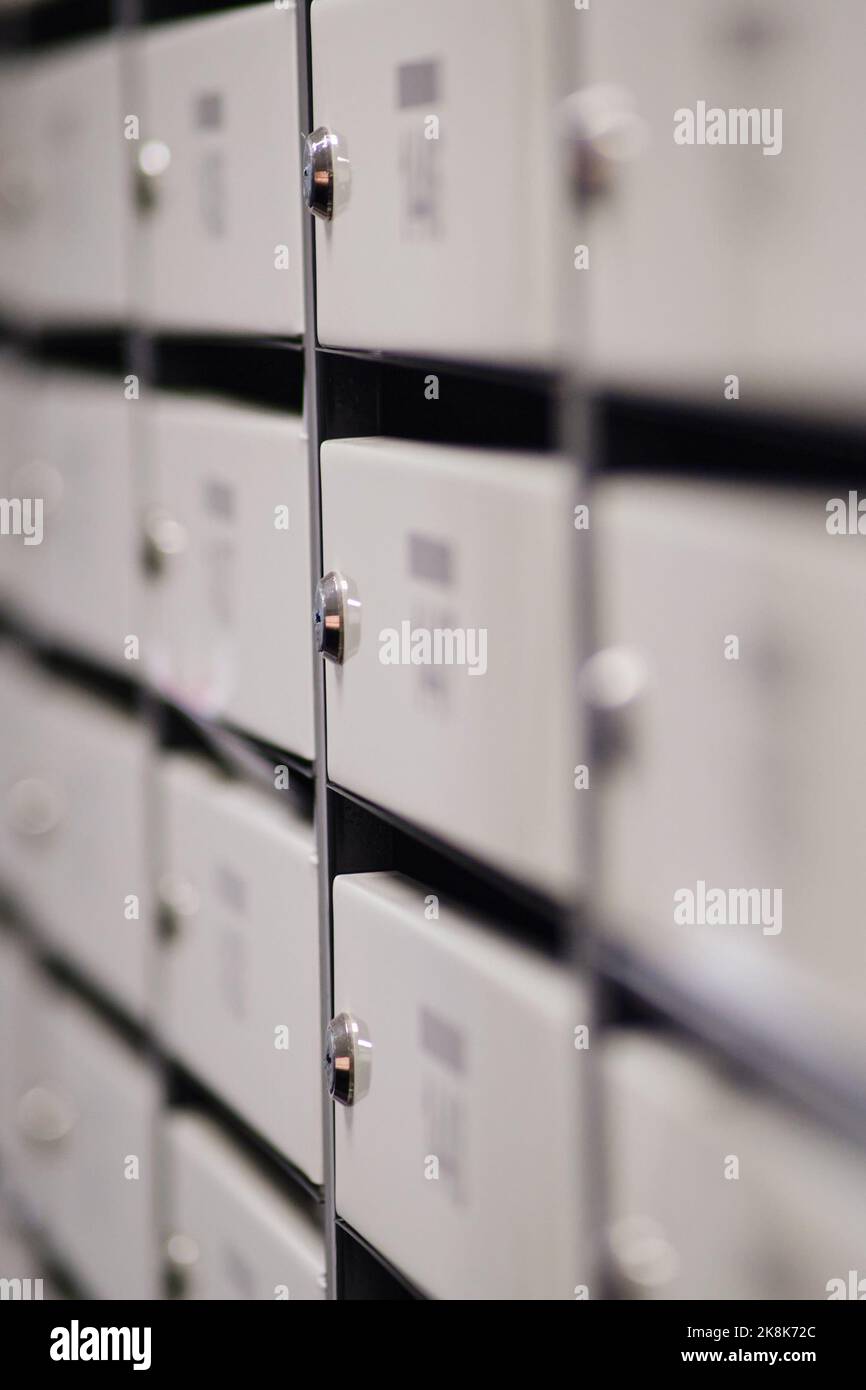 Rows of mailboxes in the lobby of an apartment building, A lot of ...
