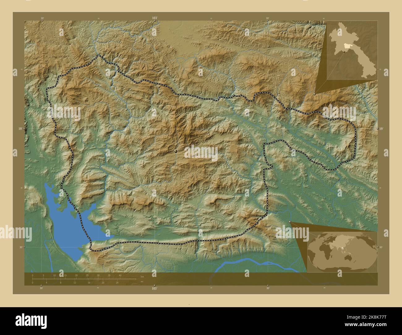 Xaisomboun, special region of Laos. Colored elevation map with lakes ...