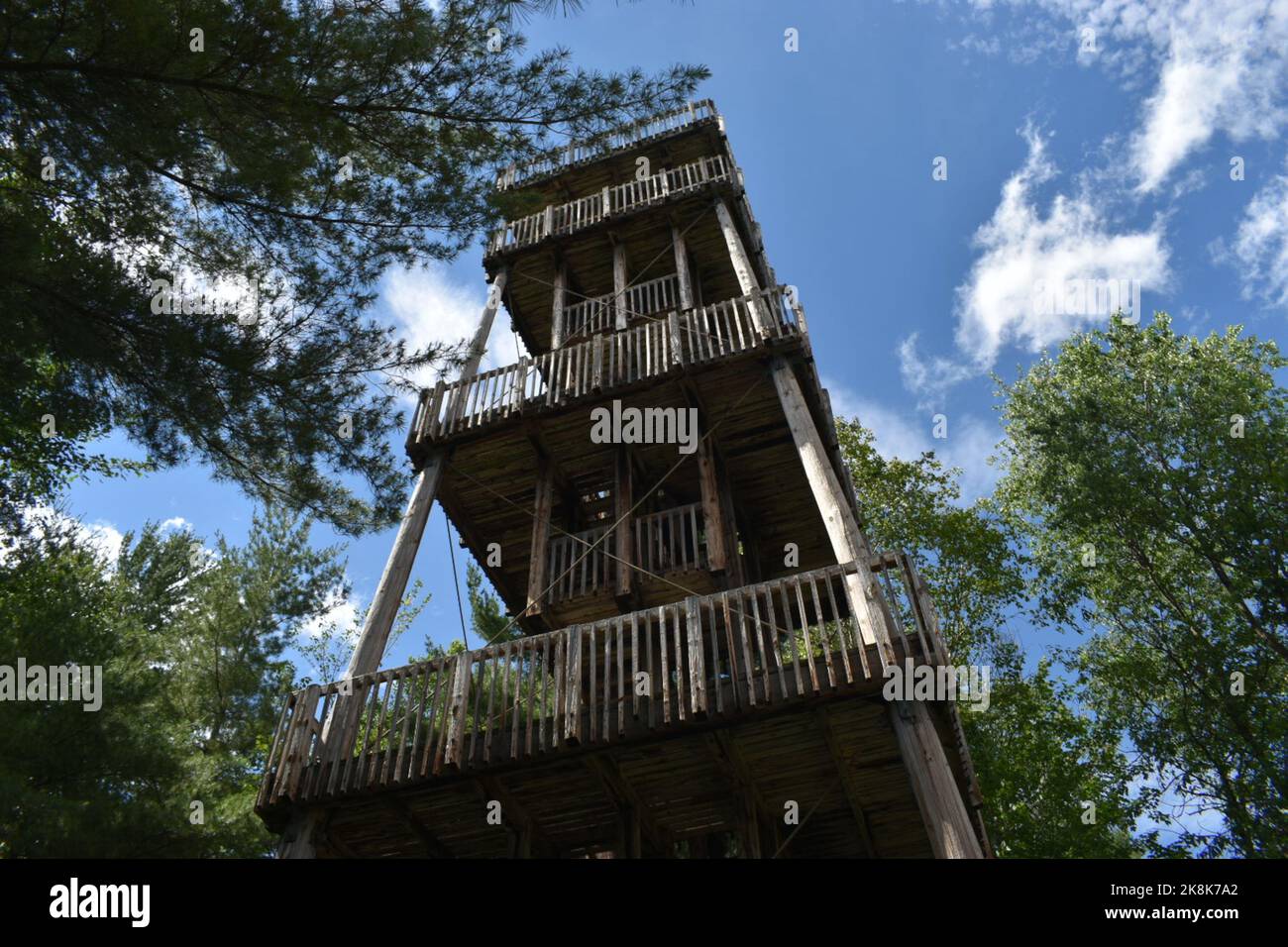 A low-angle shot of an observation tower in park Gorge Coaticook Stock ...
