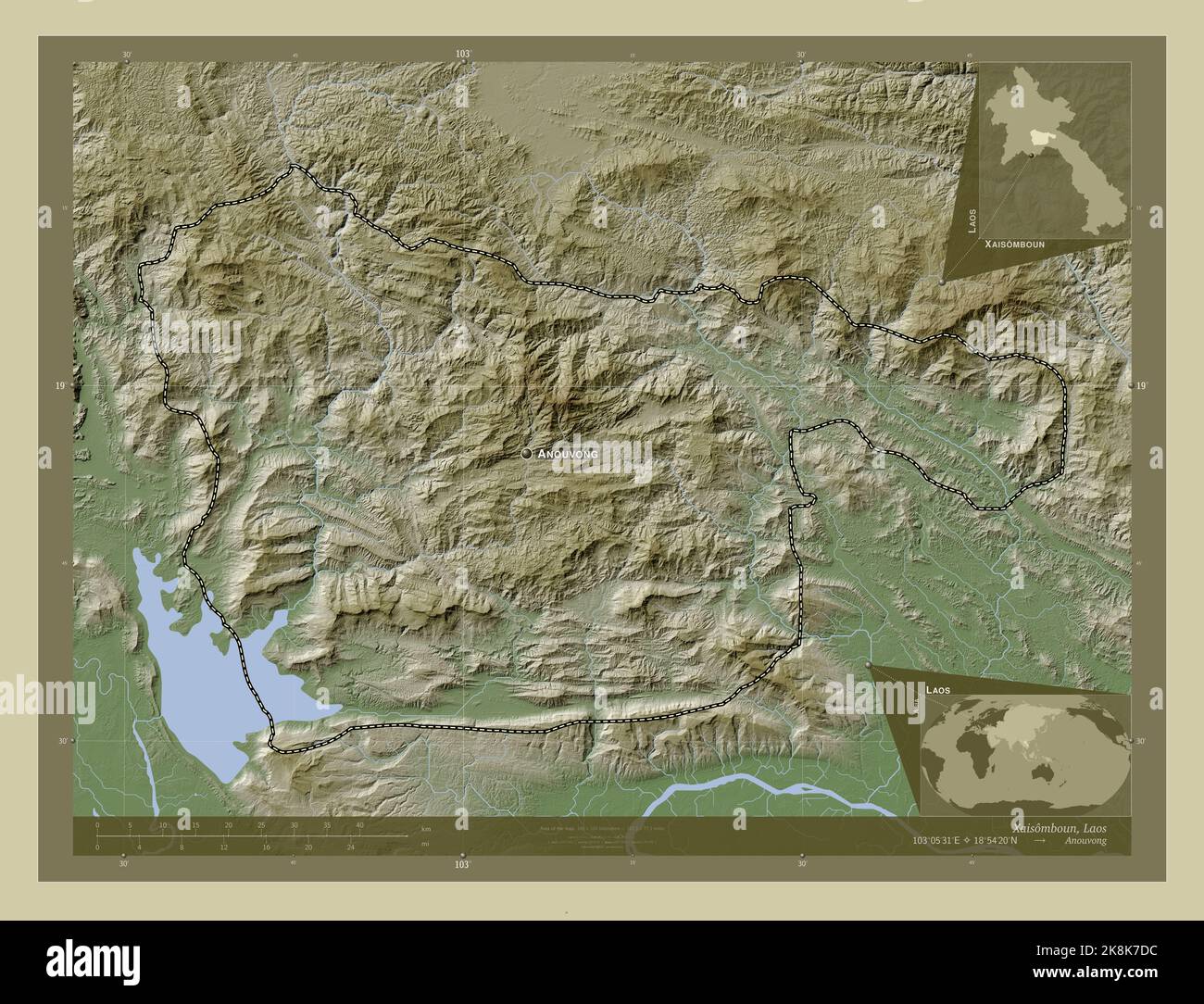 Xaisomboun, special region of Laos. Elevation map colored in wiki style with lakes and rivers ...