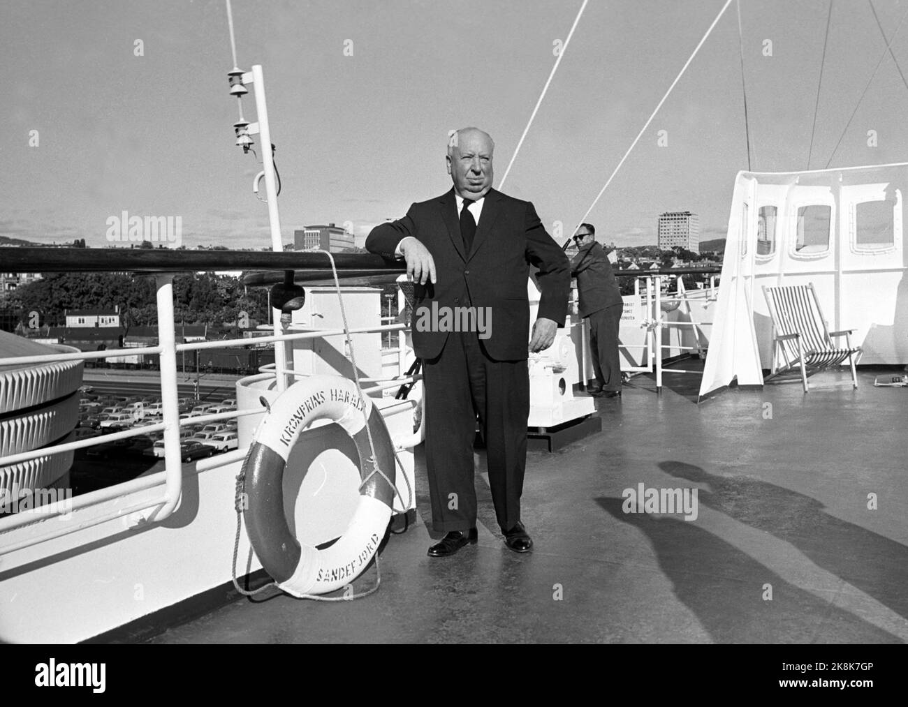 Oslo 1966. British director Alfred Hitchcock photographed on board ...
