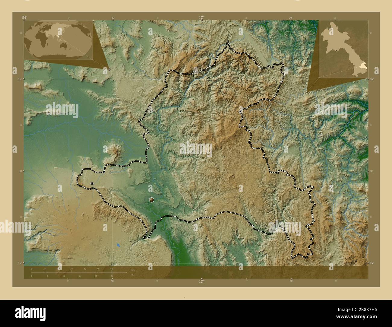 Xekong, province of Laos. Colored elevation map with lakes and rivers ...