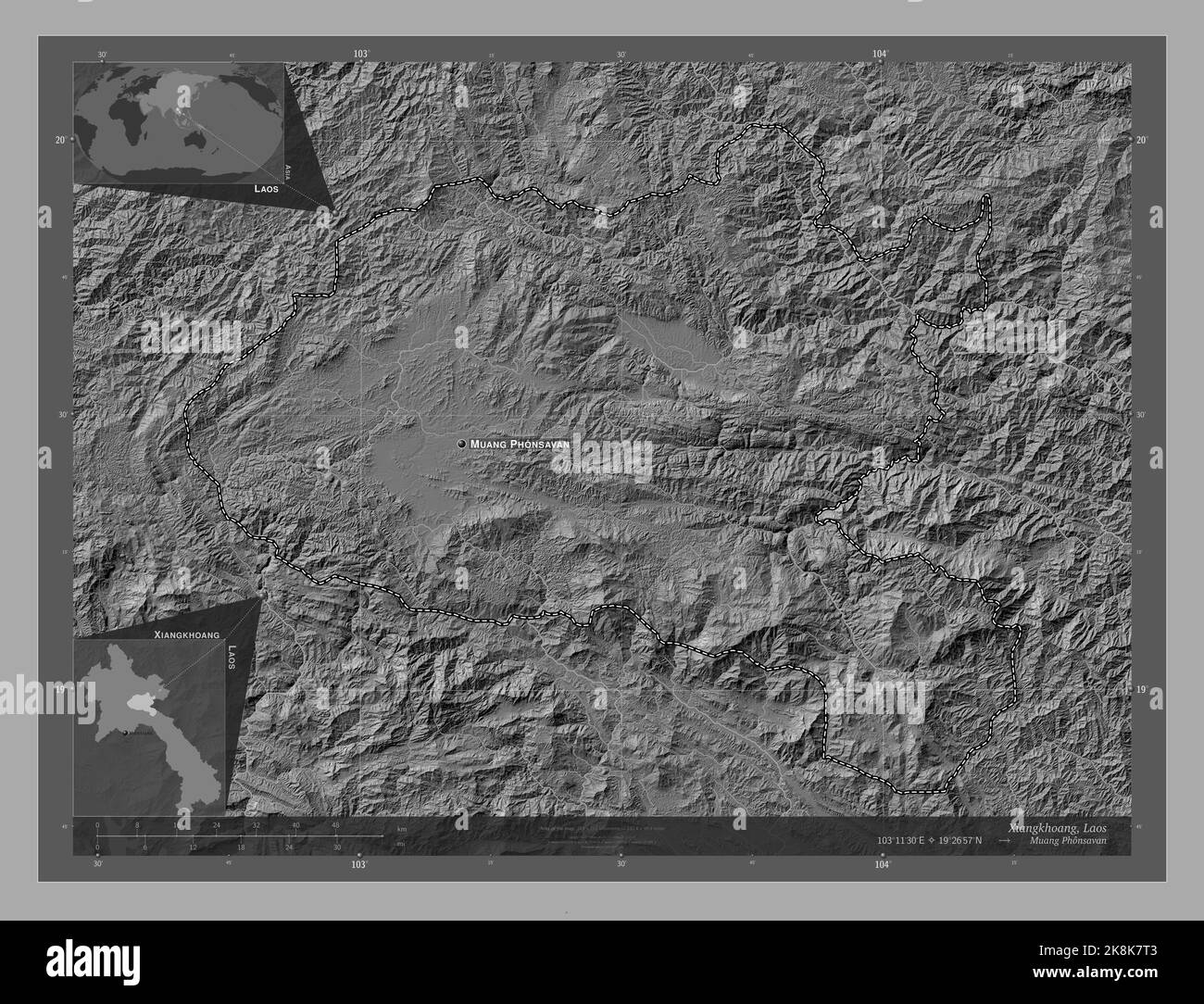 Xiangkhoang, province of Laos. Bilevel elevation map with lakes and ...