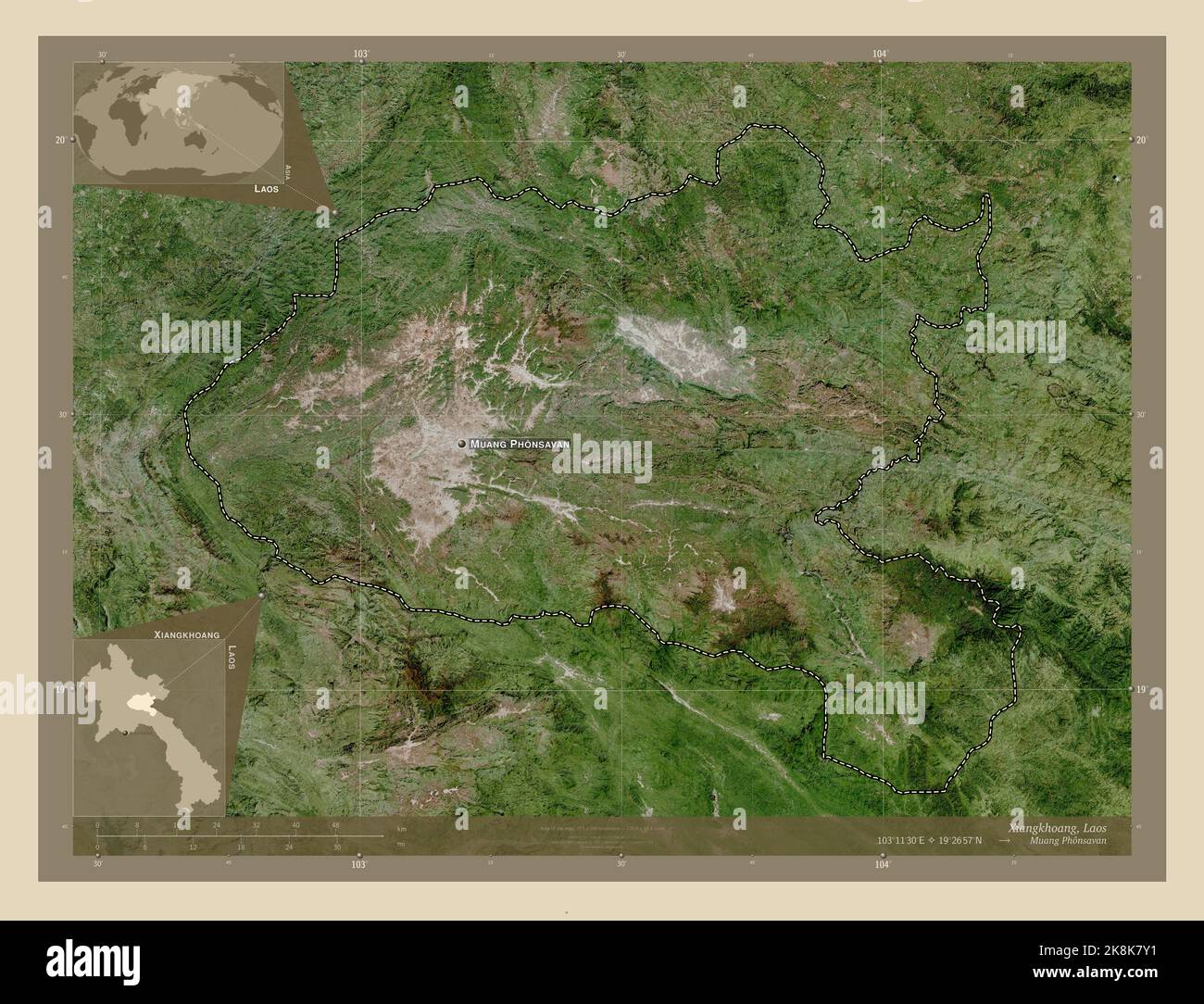 Xiangkhoang, province of Laos. High resolution satellite map. Locations ...