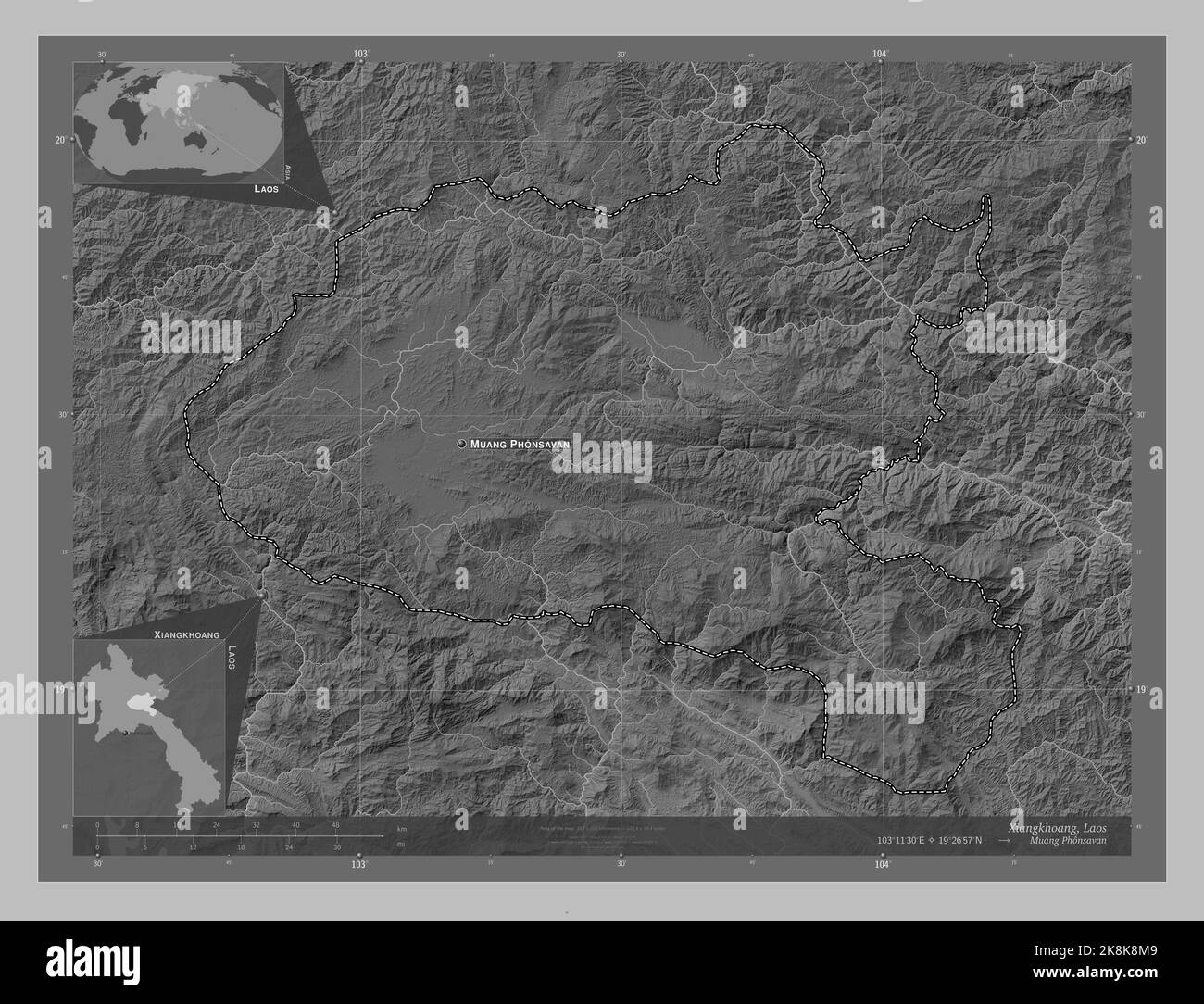 Xiangkhoang, province of Laos. Grayscale elevation map with lakes and ...