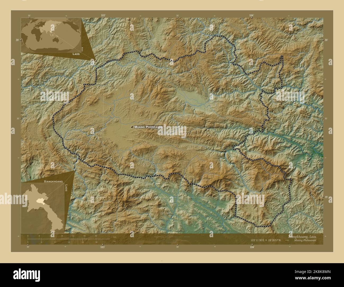 Xiangkhoang, province of Laos. Colored elevation map with lakes and ...