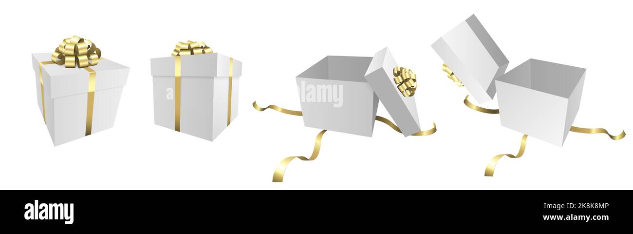 Set of white gift box with a gold bow - Christmas and birthday present ...