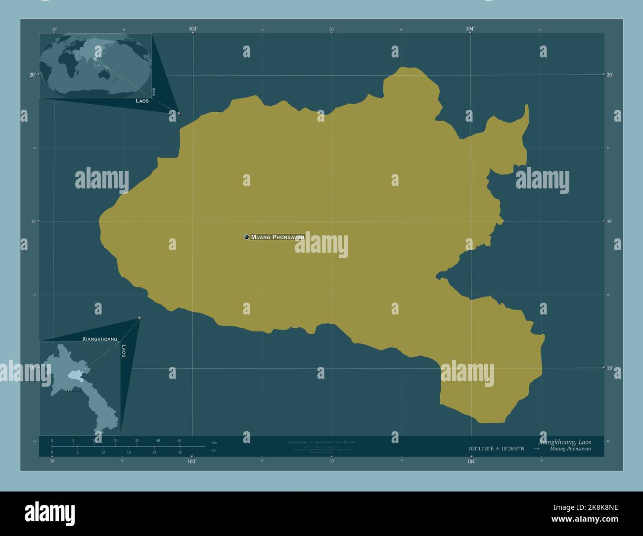 Xiangkhoang, province of Laos. Solid color shape. Locations and names ...