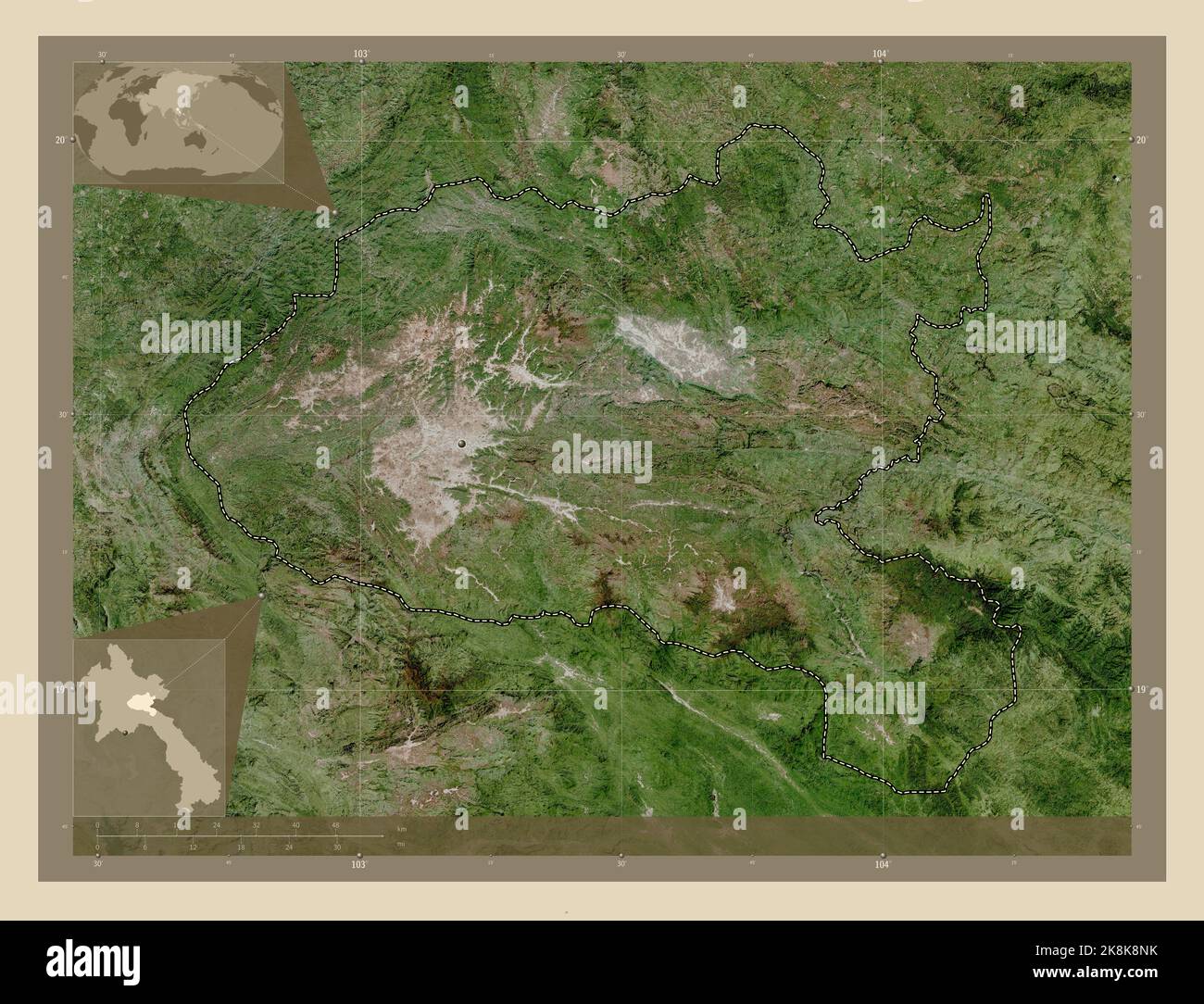 Xiangkhoang, province of Laos. High resolution satellite map. Corner ...