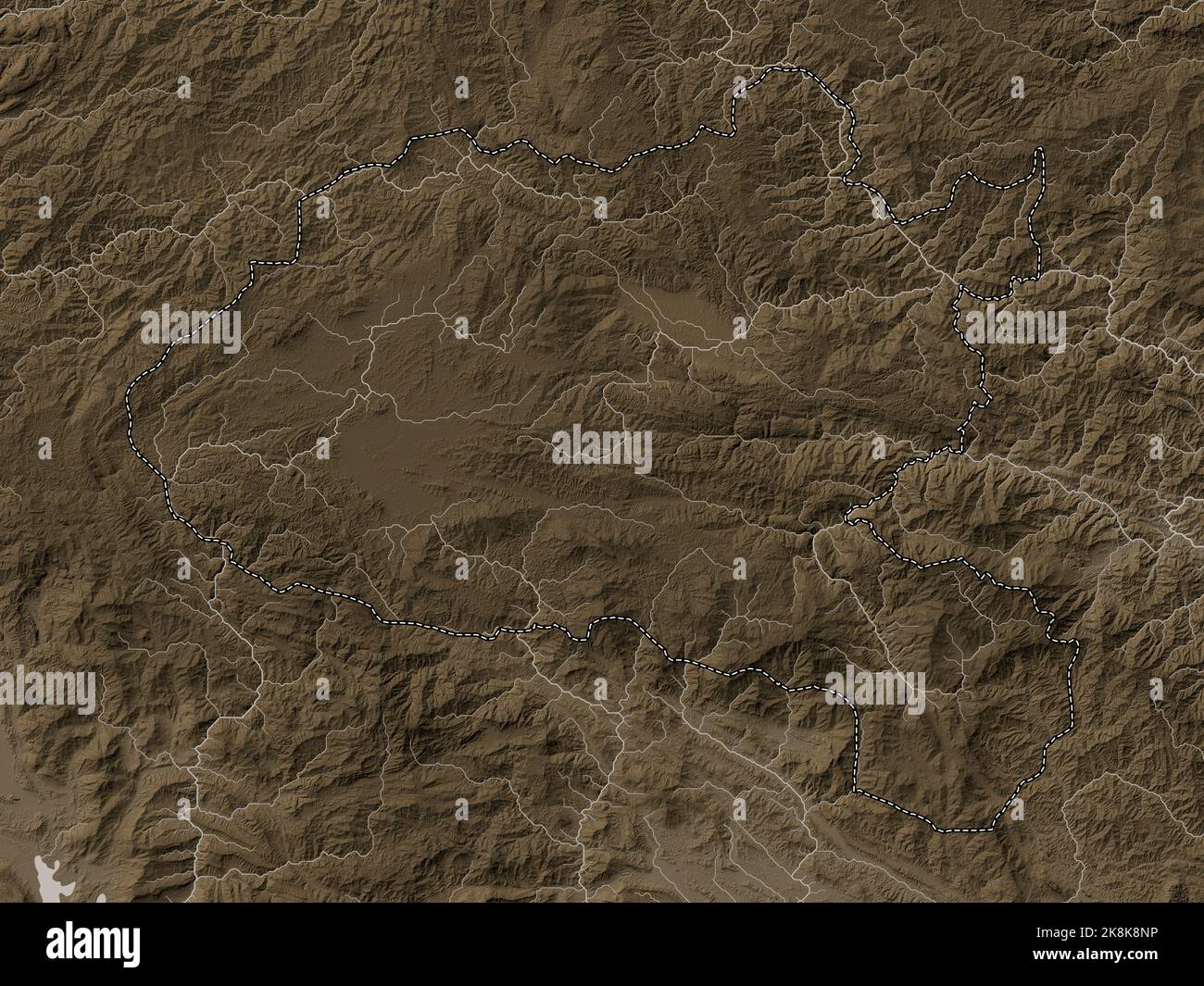 Xiangkhoang, province of Laos. Elevation map colored in sepia tones ...