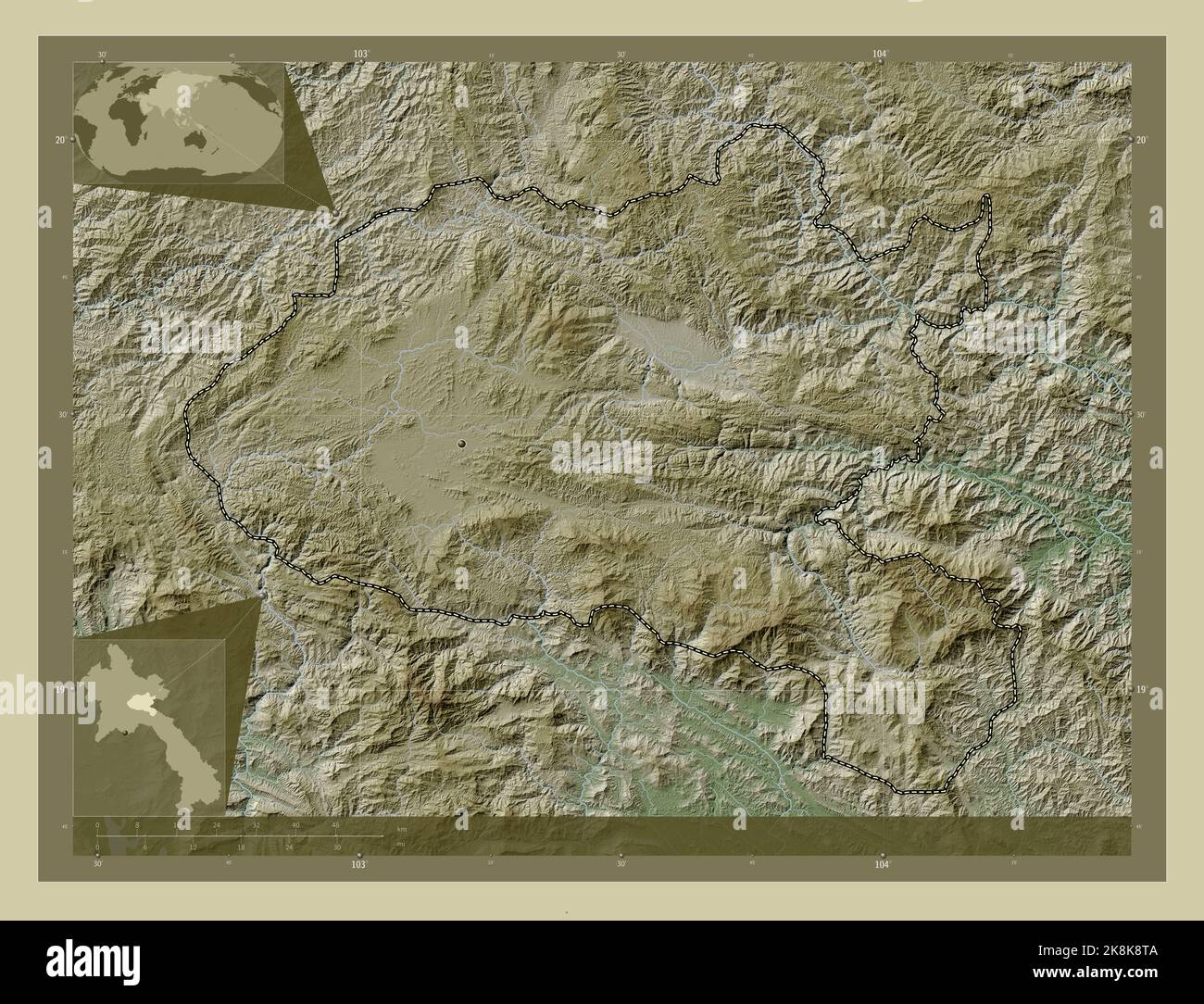 Xiangkhoang, province of Laos. Elevation map colored in wiki style with lakes and rivers. Corner ...