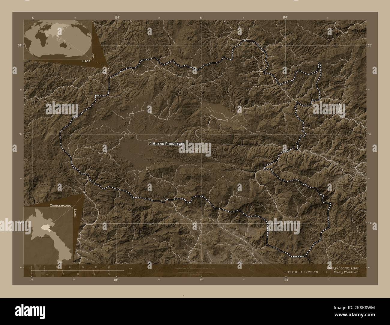 Xiangkhoang, province of Laos. Elevation map colored in sepia tones ...