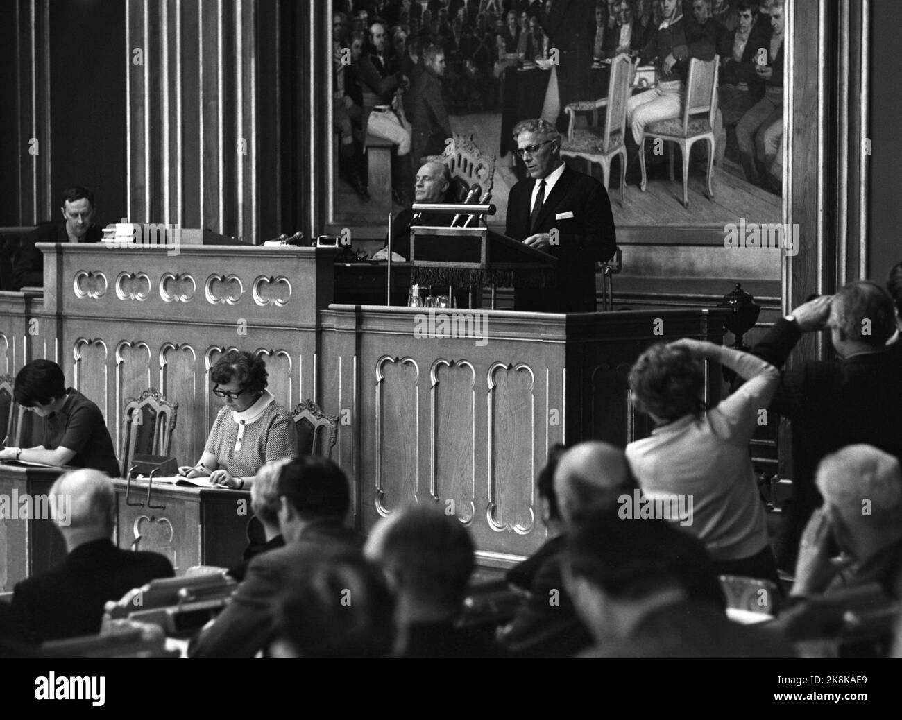 Oslo March 2, 1971. Prime Minister Per Borten describes the Storting's ...
