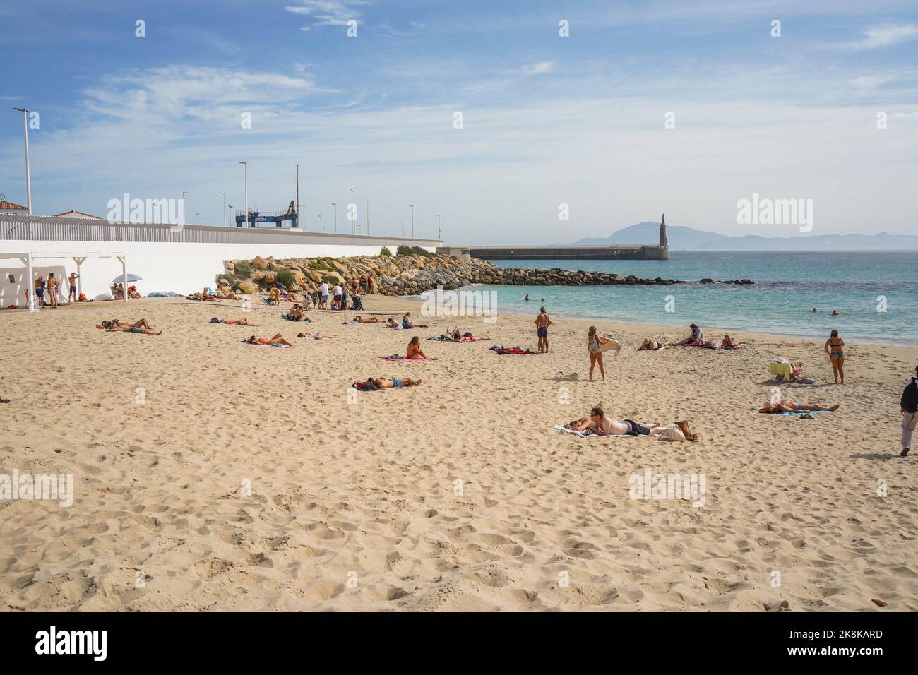 Tarifa Beach, With sunbathers at Atlantic ocean, Playa chica at Tarifa ...