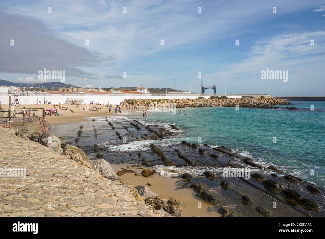 Tarifa Beach, With sunbathers at Atlantic ocean, Playa chica at Tarifa ...