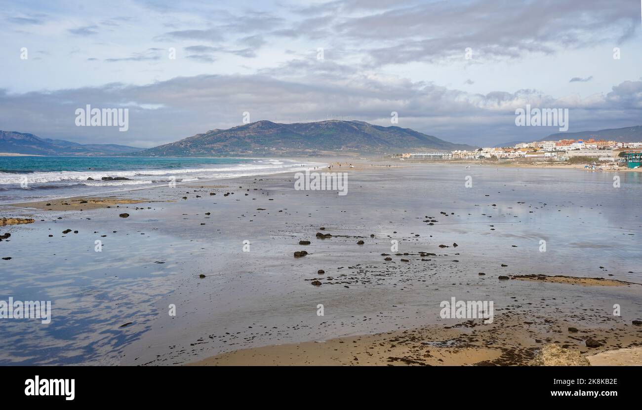 Beach of Atlantic side of Tarifa seen from the Isla de Las Palomas ...