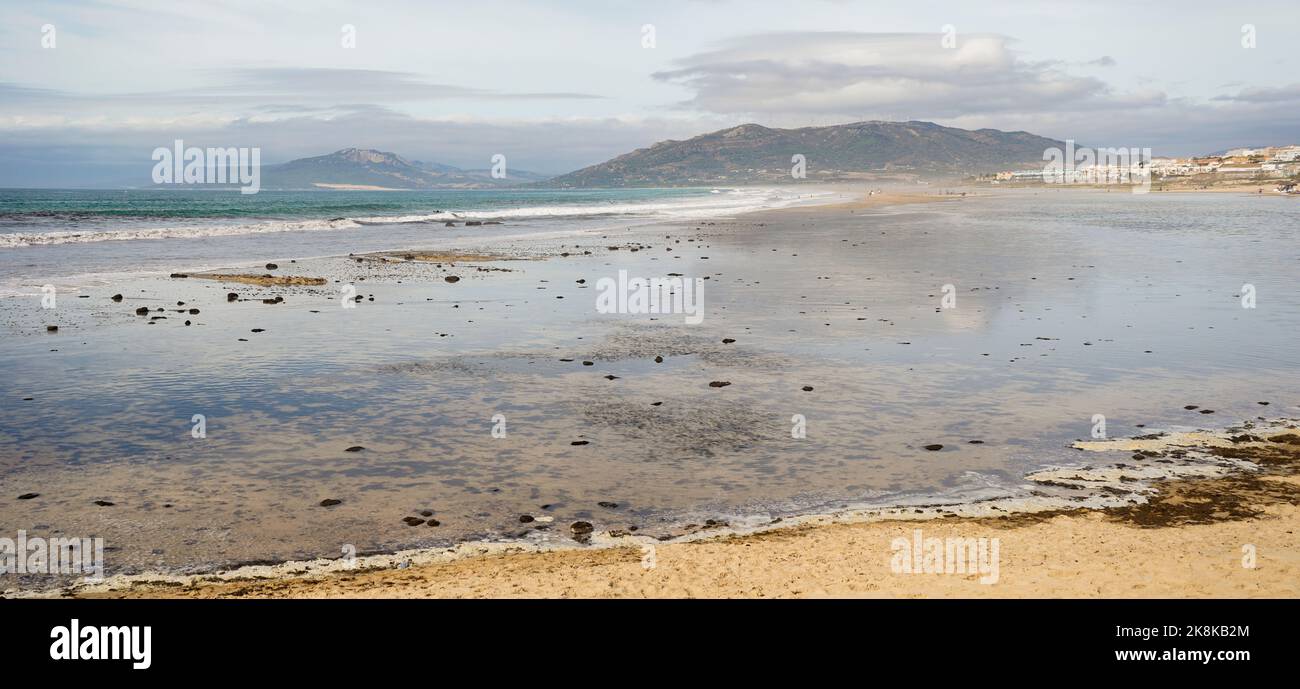 Beach of Atlantic side of Tarifa seen from the Isla de Las Palomas ...