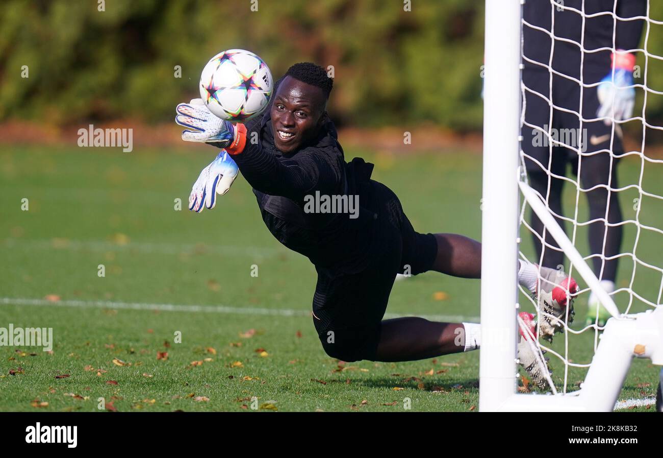Chelsea goalkeeper Edouard Mendy during a training session at Cobham ...