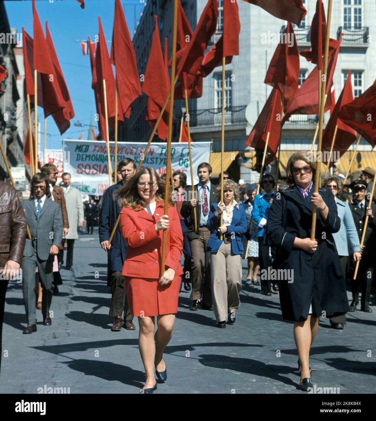 Oslo 19740501. May 1st celebration in Oslo. The May 1 train on Karl ...