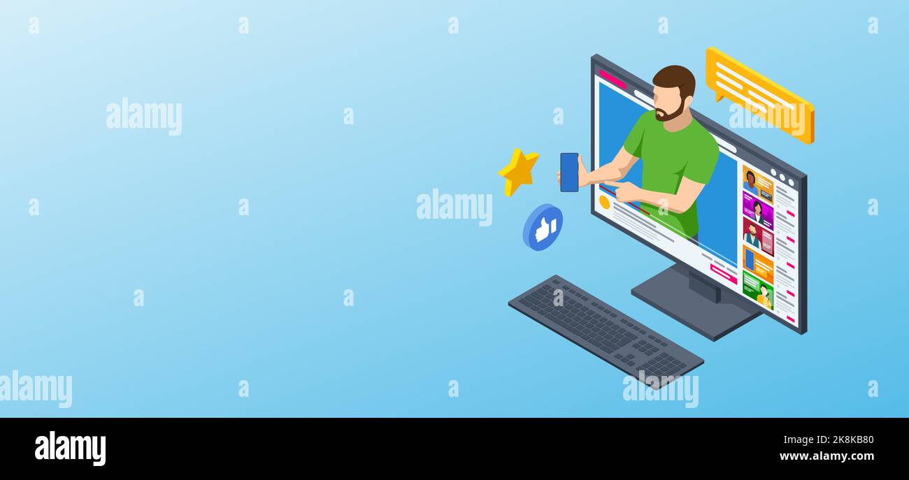 Isometric video conference. Online meeting. People on computer screen ...