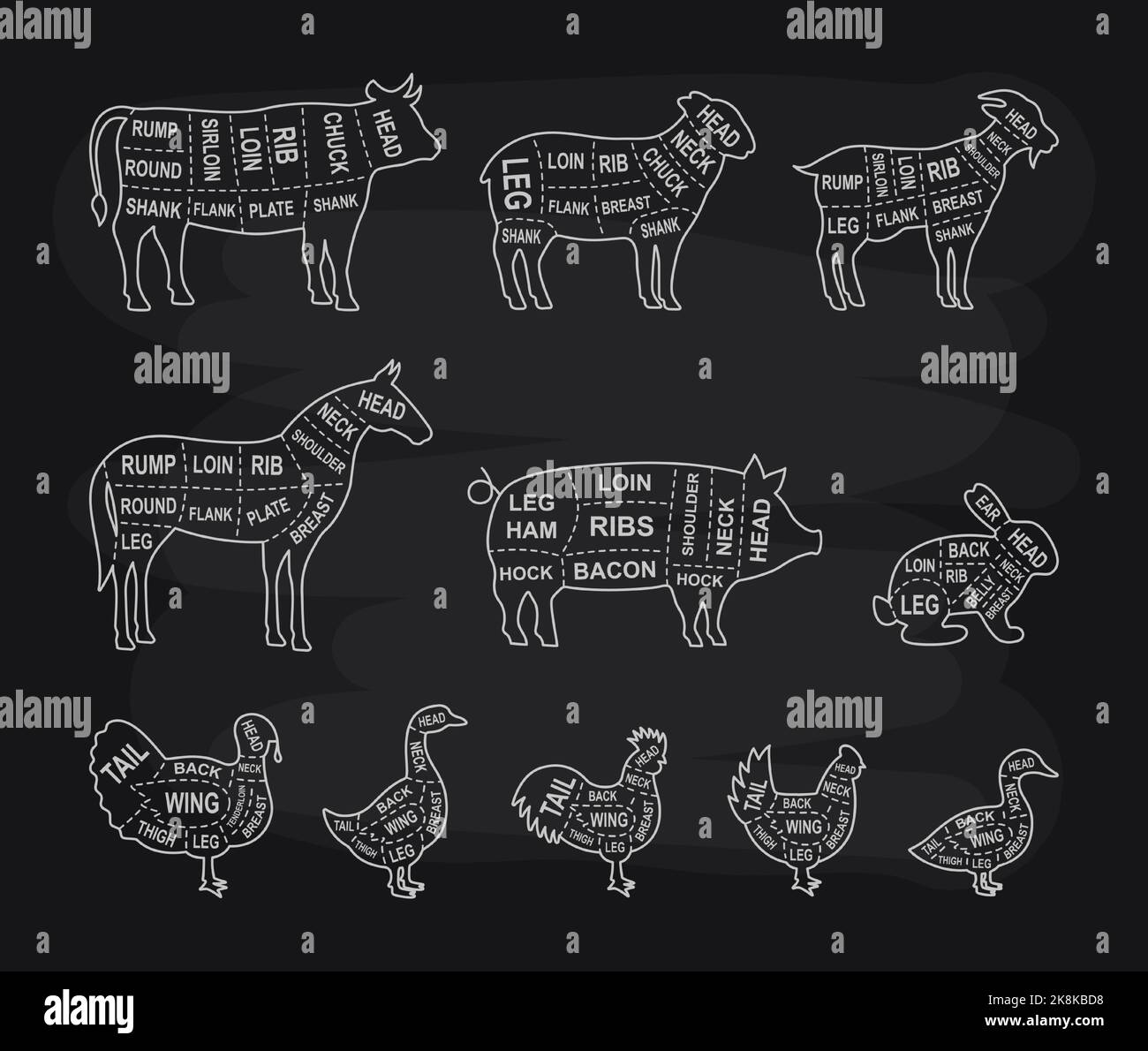Farm animals cuts outline set. Pig, Horse, Turkey, Goat, Sheep, Chicken ...