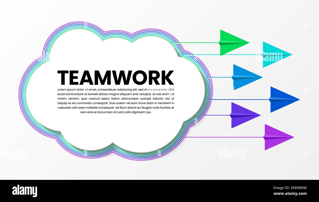 Teamwork concept. 6 paper planes pull a cloud together. Vector ...