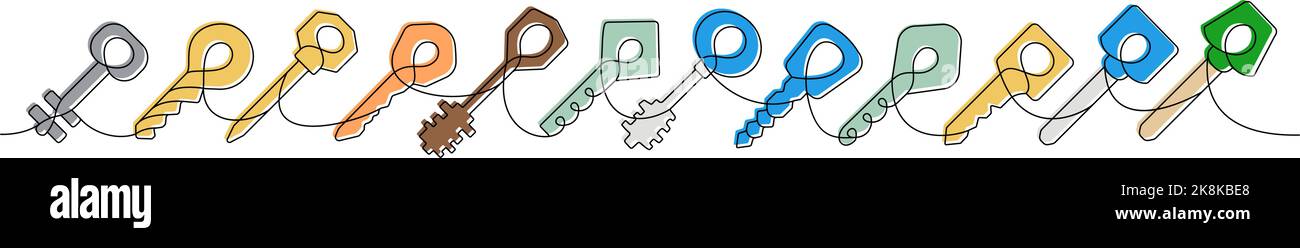 Set of Key one line colored continuous drawing. Home key continuous one ...