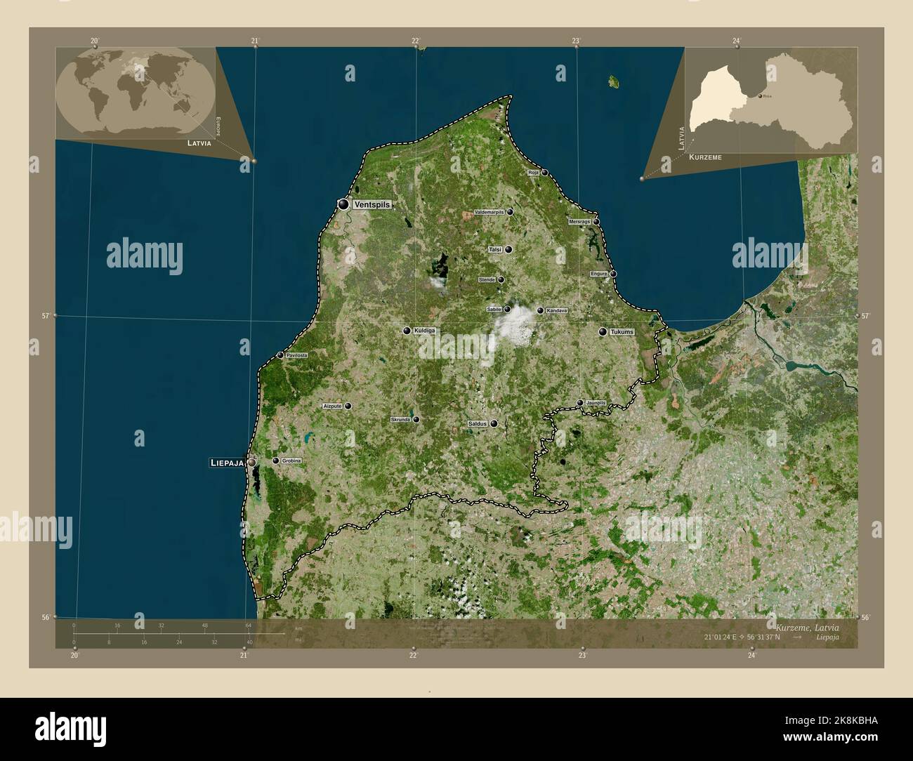 Kurzeme, province of Latvia. High resolution satellite map. Locations ...