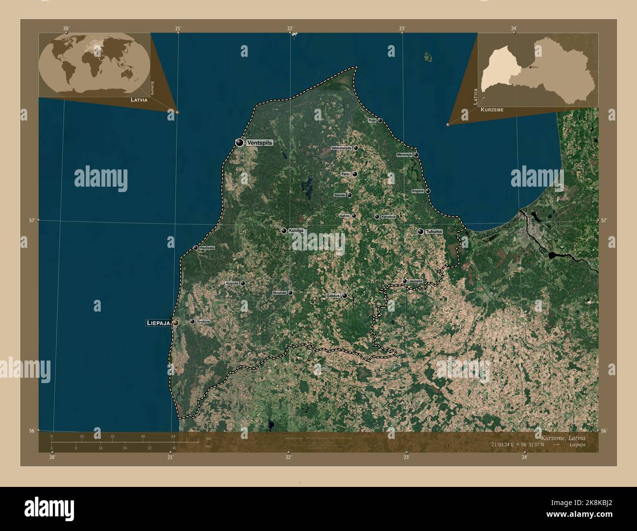Kurzeme, province of Latvia. Low resolution satellite map. Locations ...