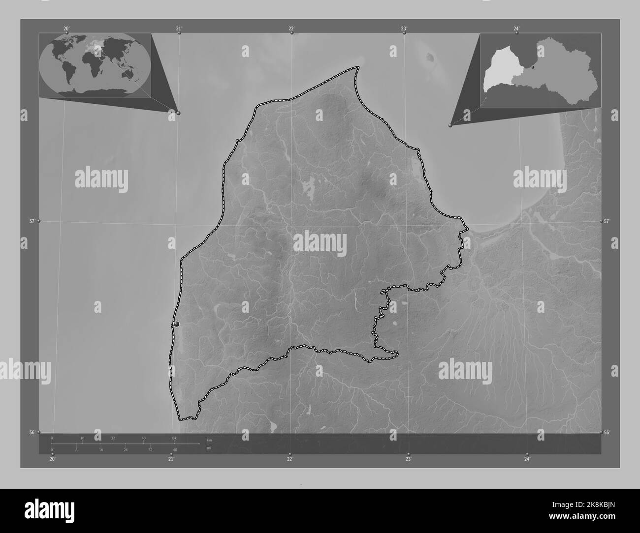 Kurzeme, province of Latvia. Grayscale elevation map with lakes and ...