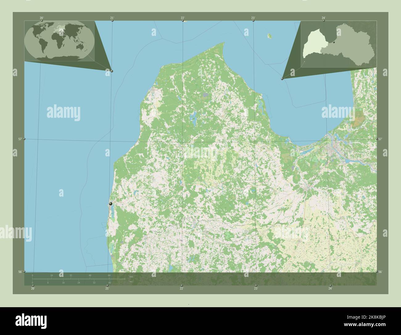 Kurzeme, province of Latvia. Open Street Map. Corner auxiliary location ...