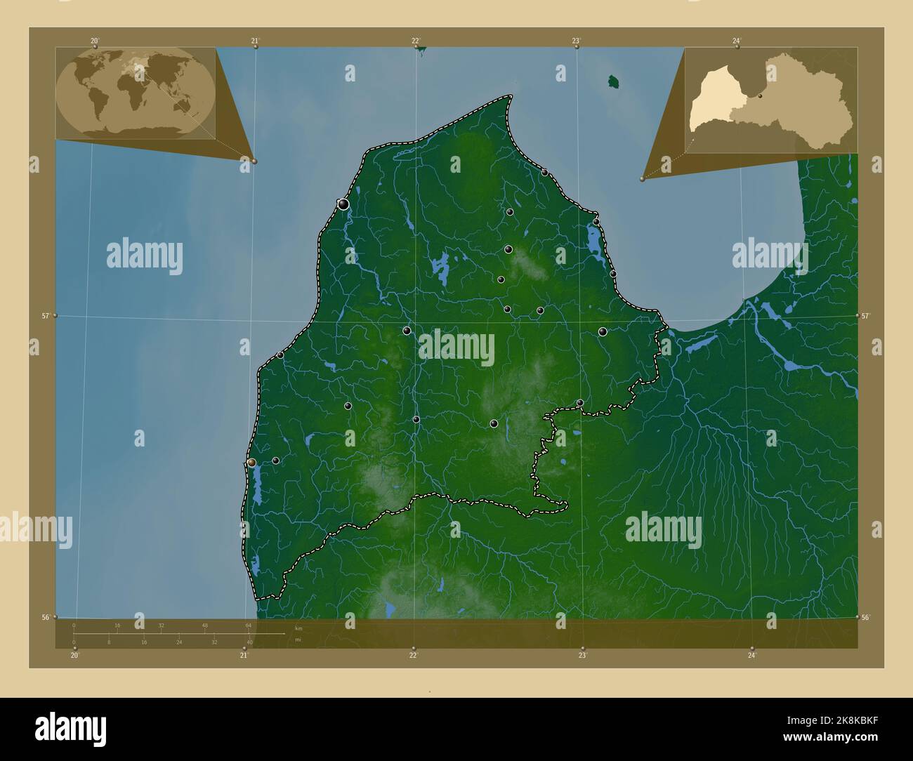 Kurzeme, province of Latvia. Colored elevation map with lakes and ...