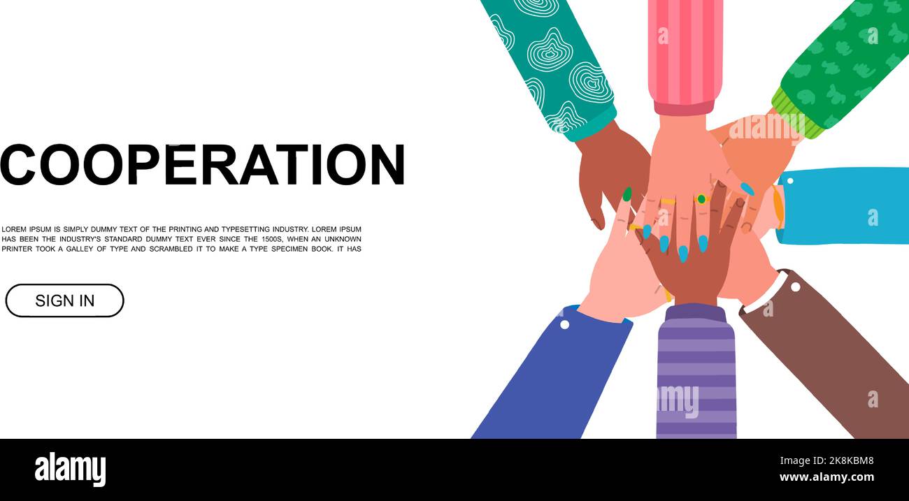 Cooperation. Hands together horizontal banner template. Multi-ethnic ...