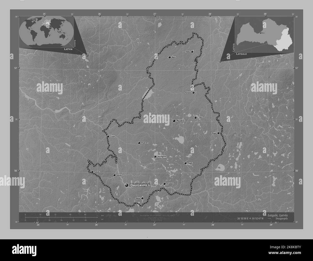 Latgale, province of Latvia. Grayscale elevation map with lakes and ...