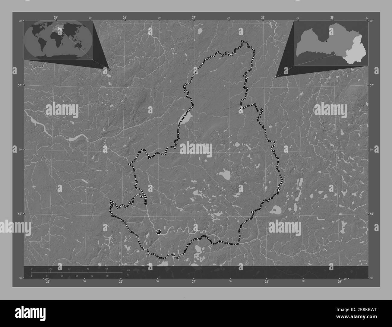 Latgale, province of Latvia. Bilevel elevation map with lakes and ...