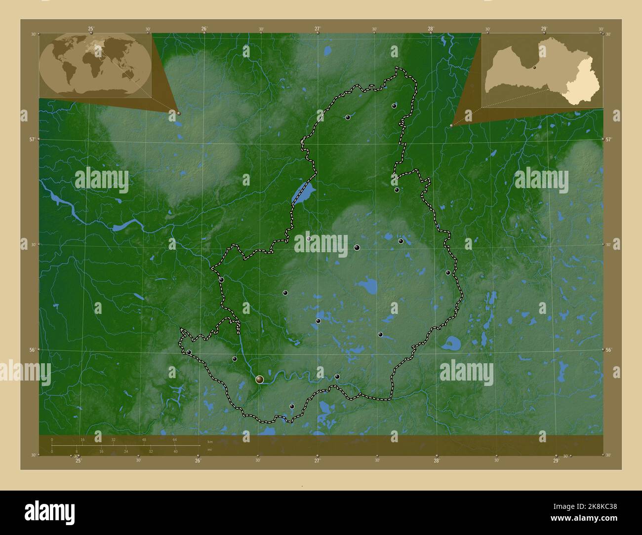 Latgale, province of Latvia. Colored elevation map with lakes and ...