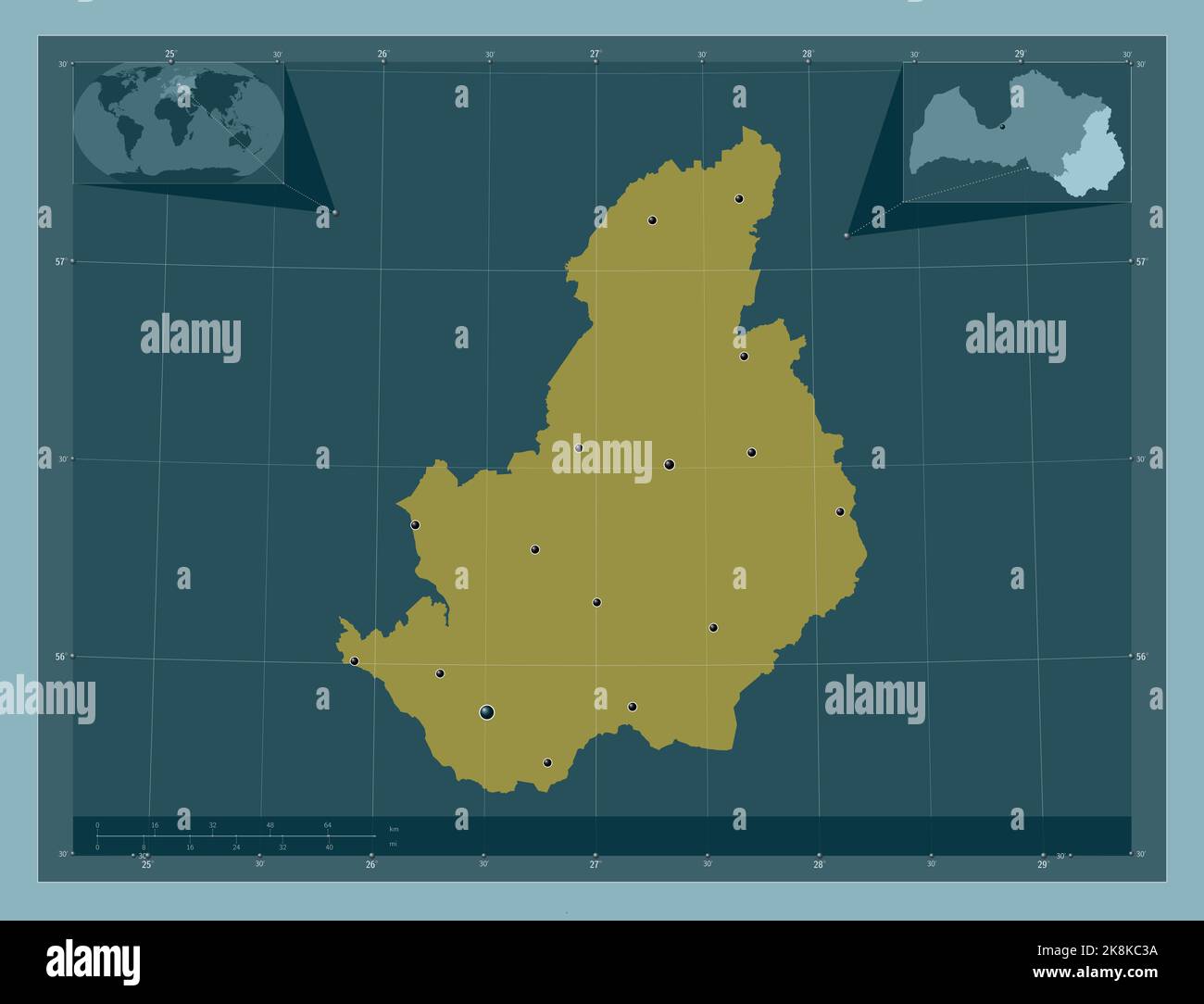Latgale, province of Latvia. Solid color shape. Locations of major ...
