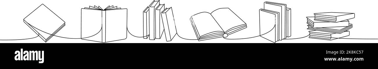 Books one line continuous drawing. Bookstore, library continuous one ...