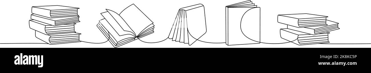 Books set one line continuous drawing. Bookstore, library continuous ...