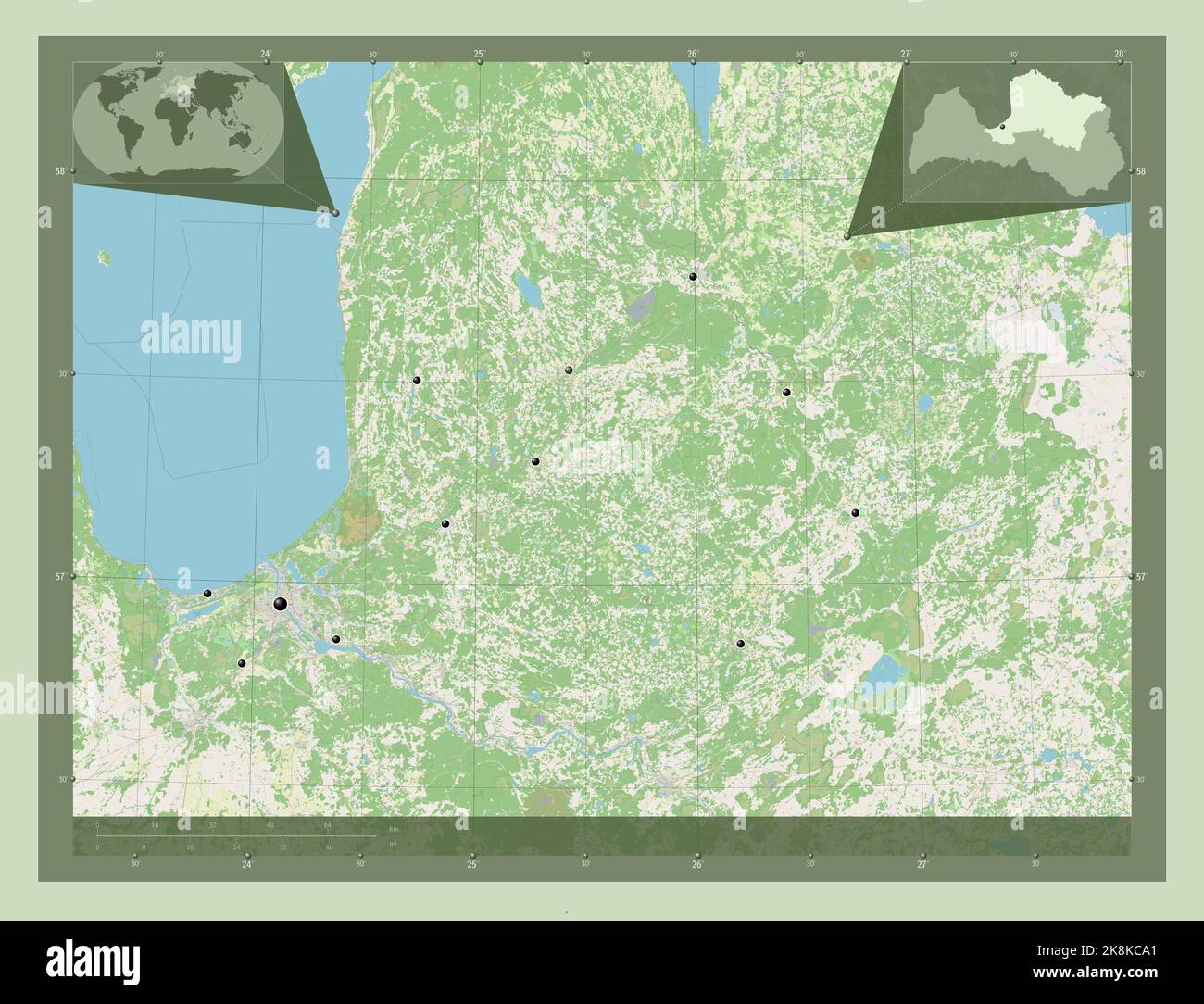 Vidzeme, province of Latvia. Open Street Map. Locations of major cities ...