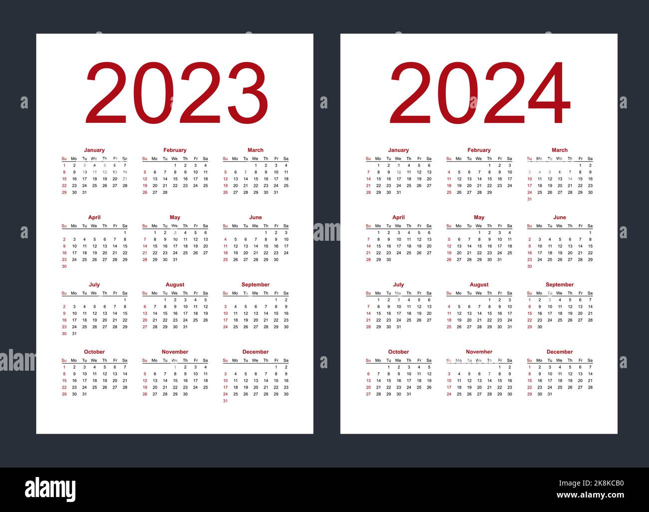 Simple editable vector calendars for year 2023, 2024. Week starts from ...